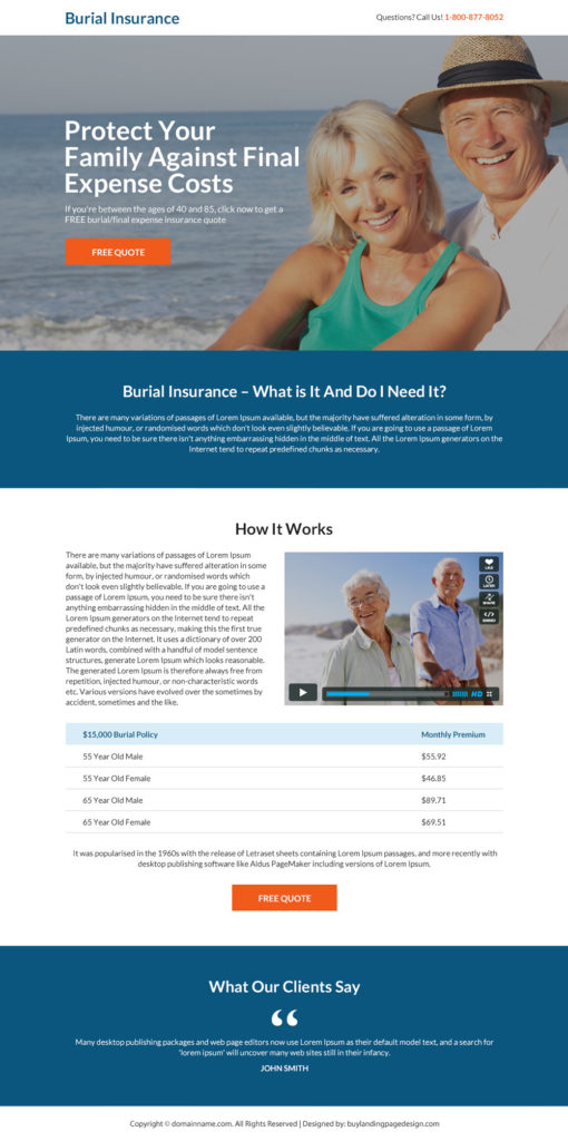 Burial insurance free quote bootstrap landing page design